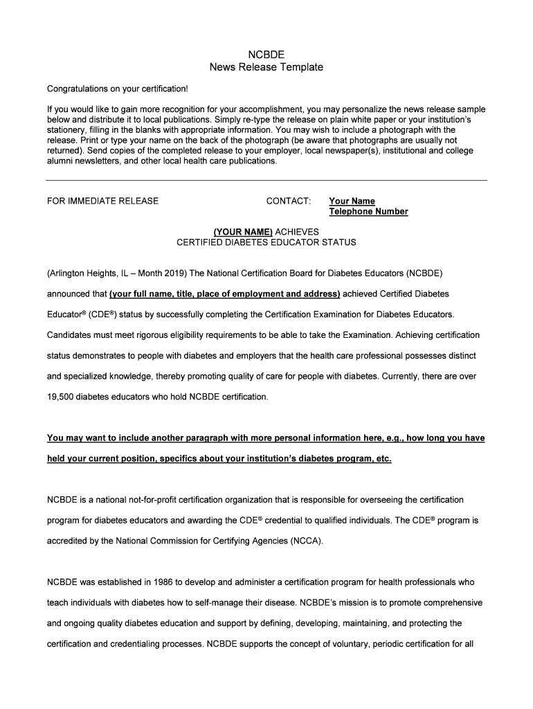 Fillable Online NCBDE News Release Template Fax Email Print - pdfFiller