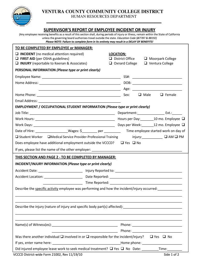 Fillable Online SUPERVISORS REPORT OF EMPLOYEE INCIDENT OR INJURY Fax Email Print - pdfFiller