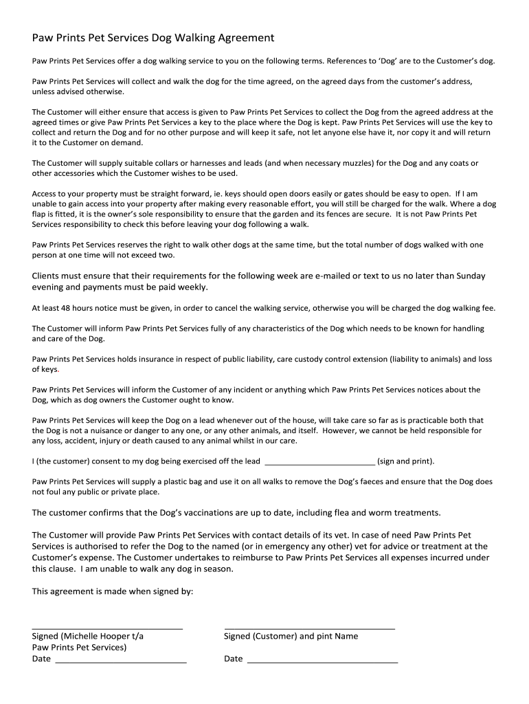 Fillable Online Paw Prints Pet Services Dog Walking Agreement Fax Email ...