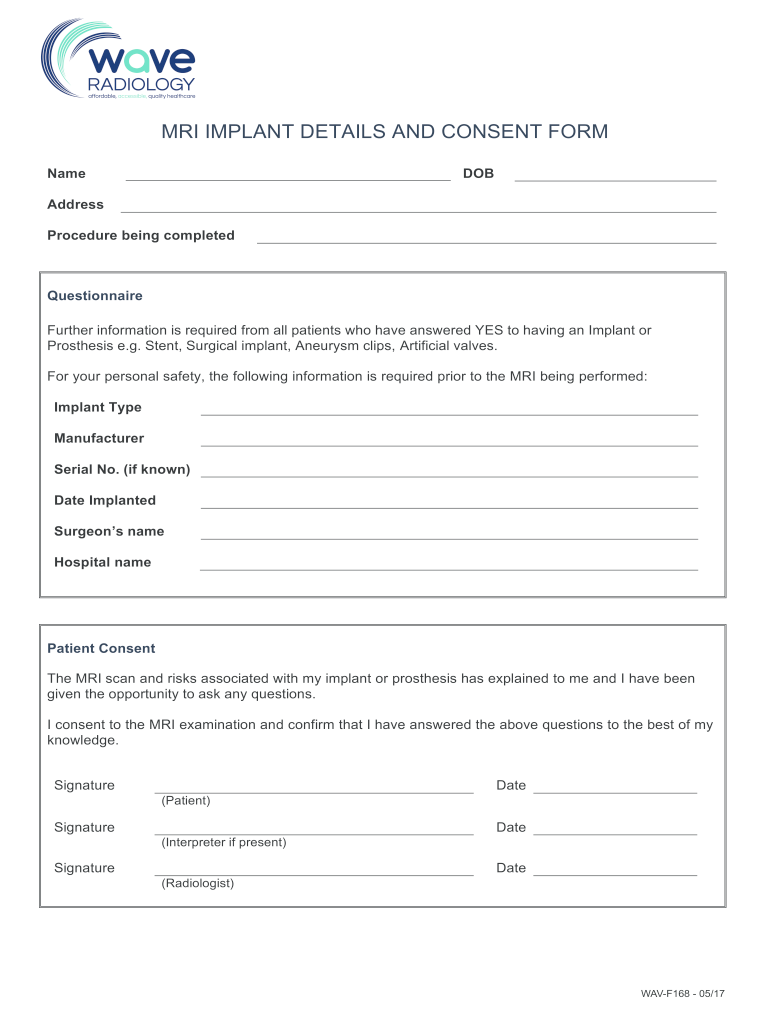 Wave Radiology MRI Implant Details And Consent Form WAV-F168 35221 ...