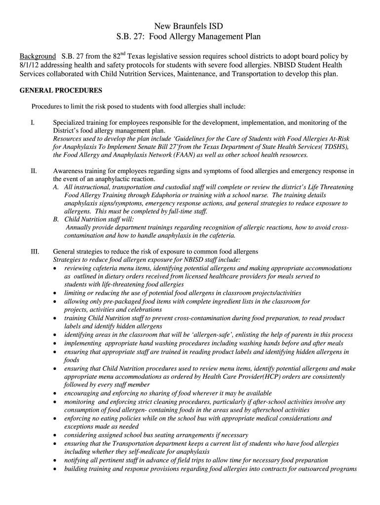Fillable Online 27: Food Allergy Management Plan Fax Email Print ...