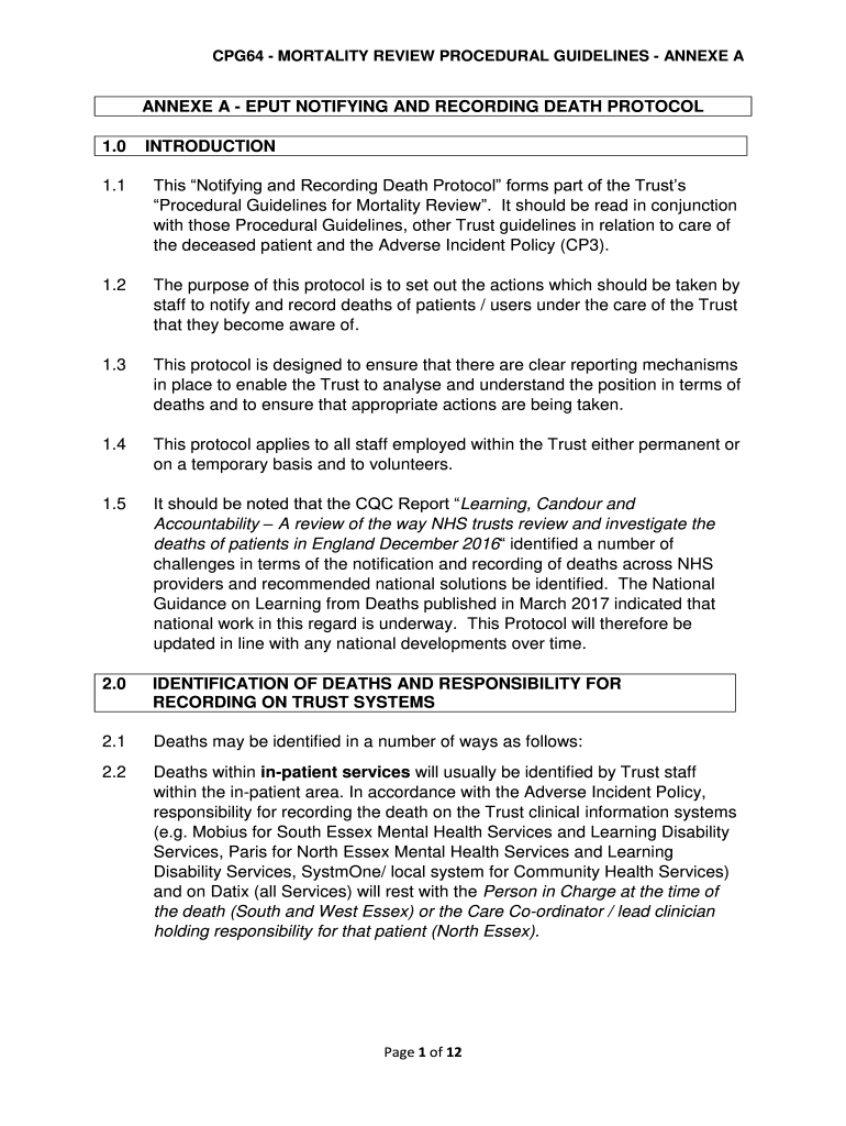 Fillable Online ANNEXE A - EPUT NOTIFYING AND RECORDING DEATH PROTOCOL ...