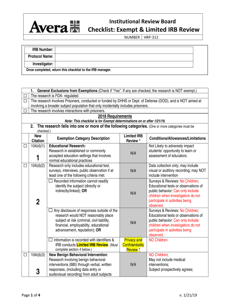Fillable Online Checklist: Exempt & Limited IRB Review Fax Email Print ...