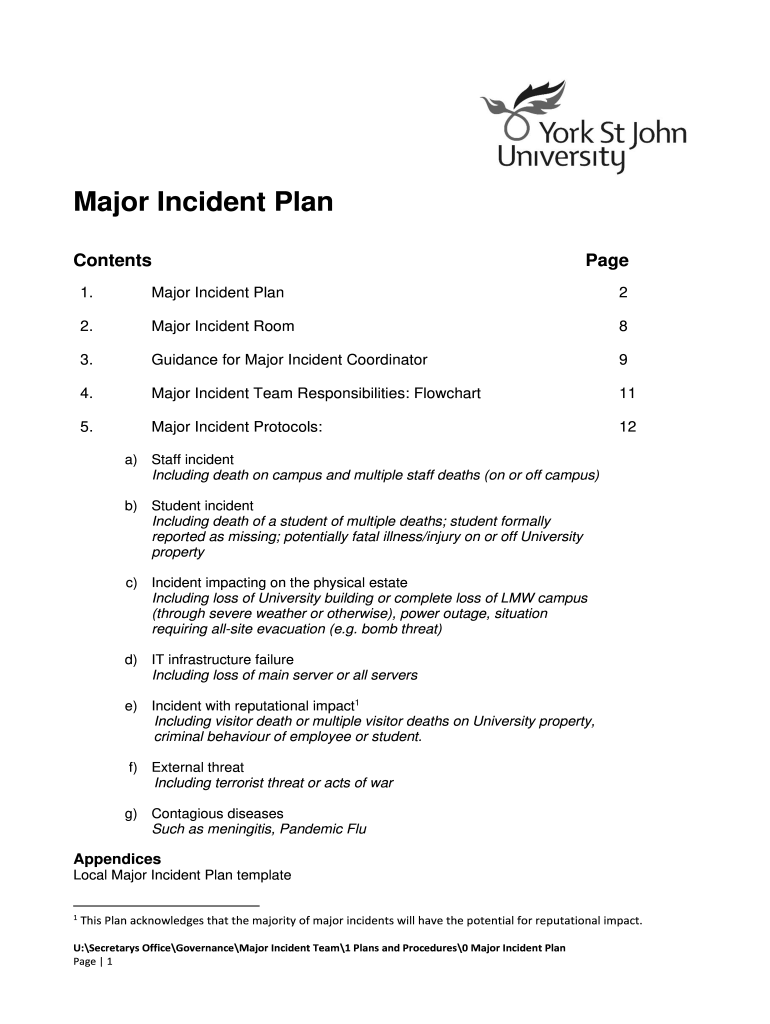 Fillable Online Major incident plandefinition of major incident plan by ...