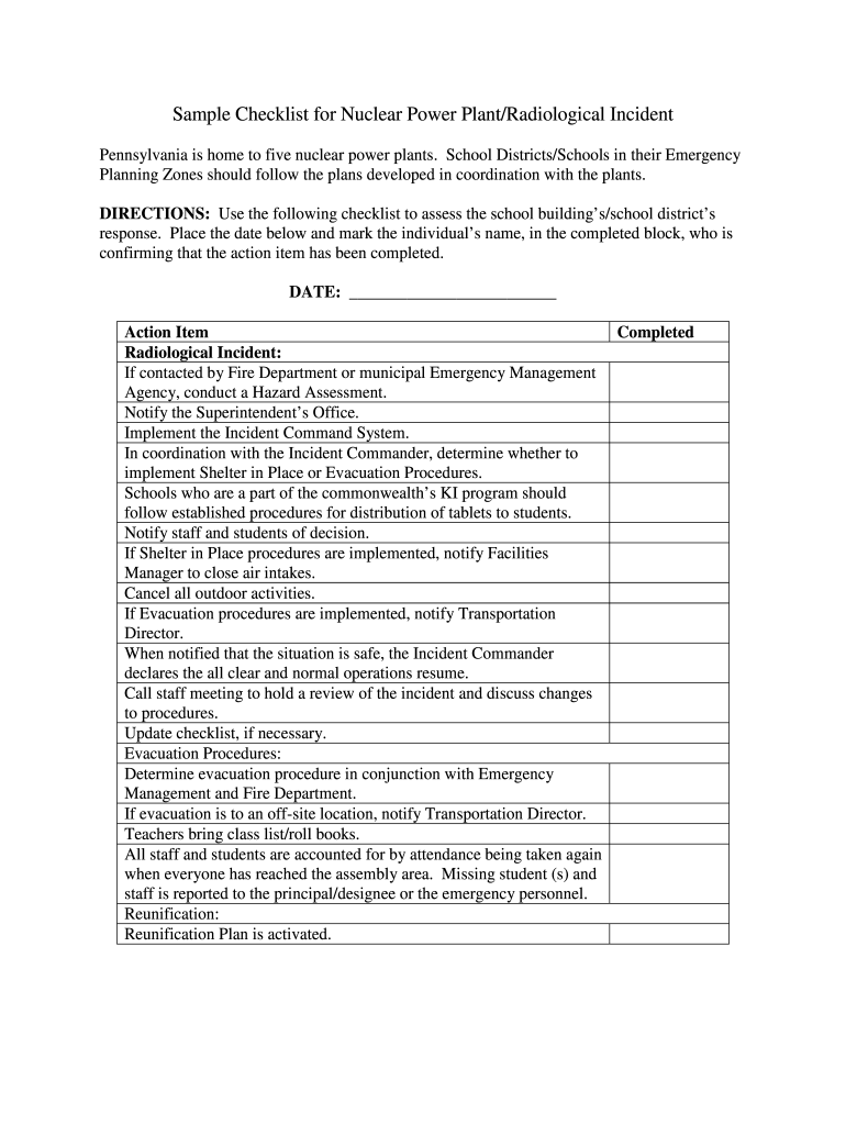 Fillable Online Sample Checklist for Nuclear Power Plant/Radiological ...