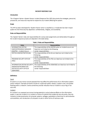 Fillable Online TheIncident Response Plan (IRP) documents the ...
