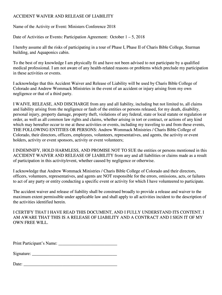 Fillable Online ACCIDENT WAIVER AND RELEASE OF LIABILITY Name of ...
