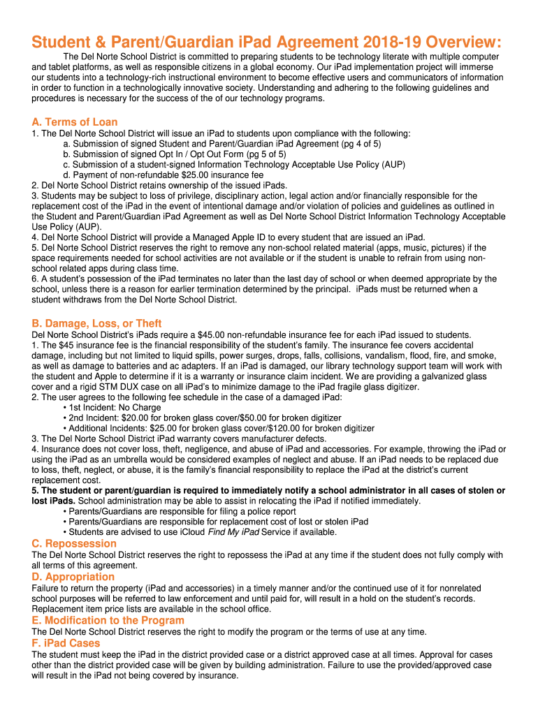 Fillable Online Student & Parent/Guardian iPad Agreement 2018-19 ...