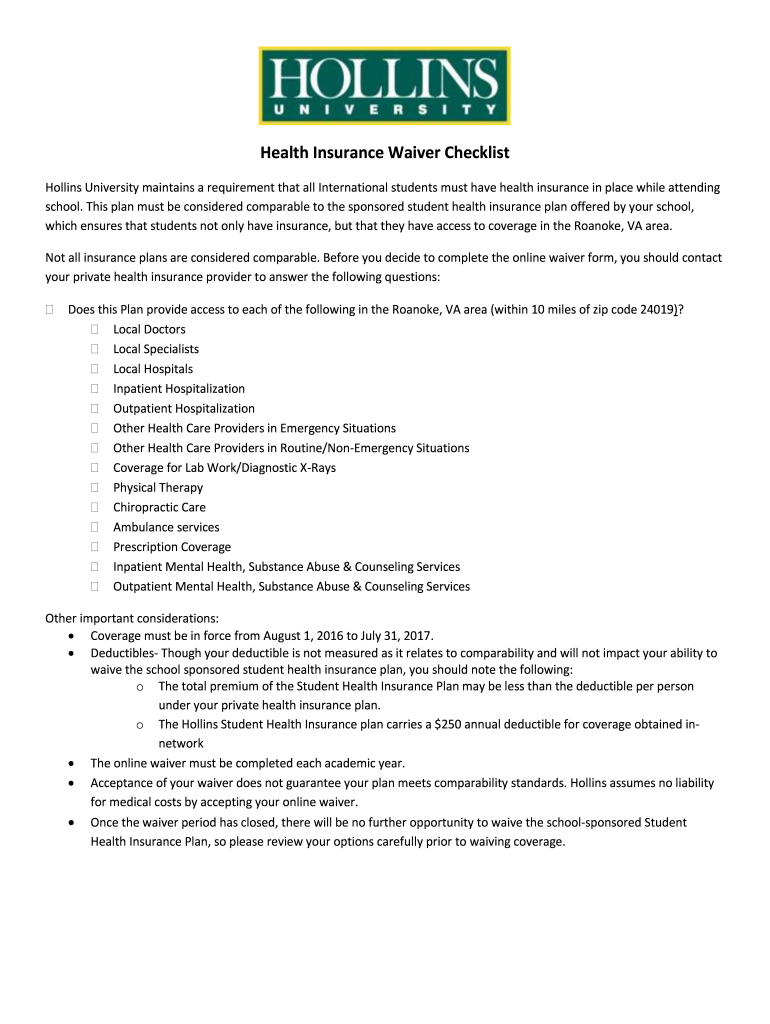 Fillable Online Health Insurance Waiver Checklist - Gallagher Student ...