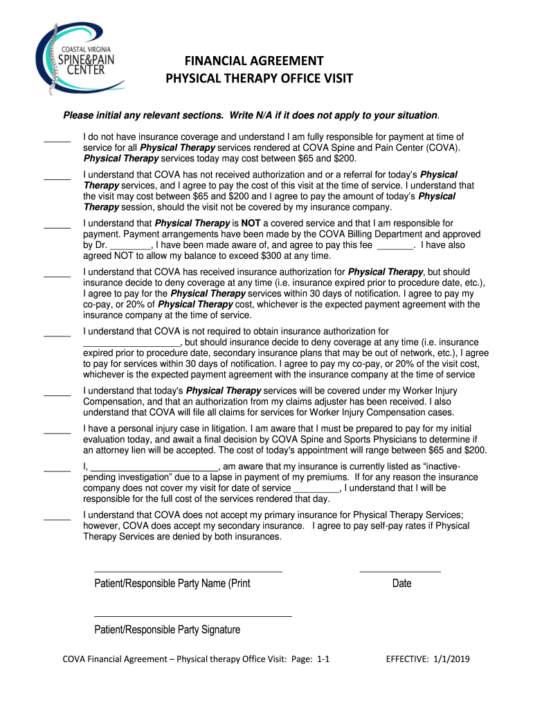 Fillable Online financial agreement physical therapy office visit ...