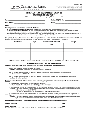 Fillable Online VERIFICATION WORKSHEET 2020-21 DEPENDENT STUDENT ...