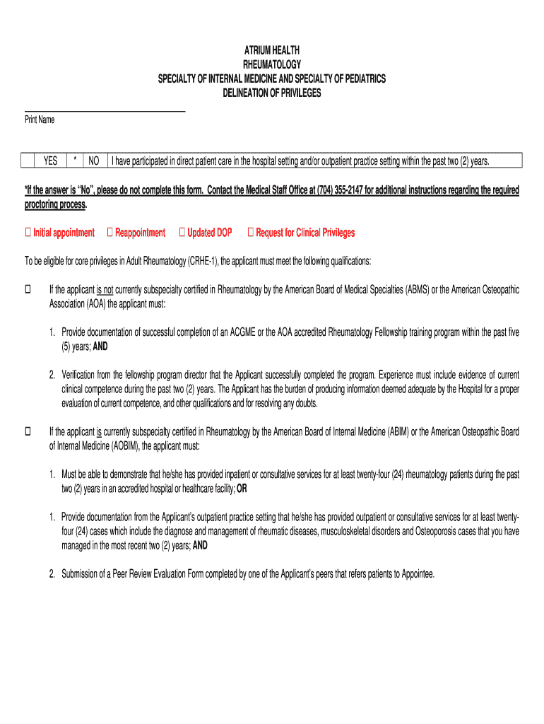 Fillable Online ATRIUM HEALTH DELINEATION OF PRIVILEGES SPECIALTY OF ...
