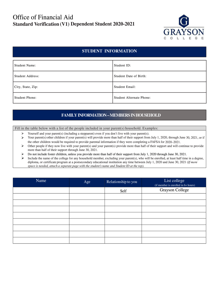 Fillable Online Standard Verification Worksheet (V1) 2020-2021 Office of ... Fax Email Print ...