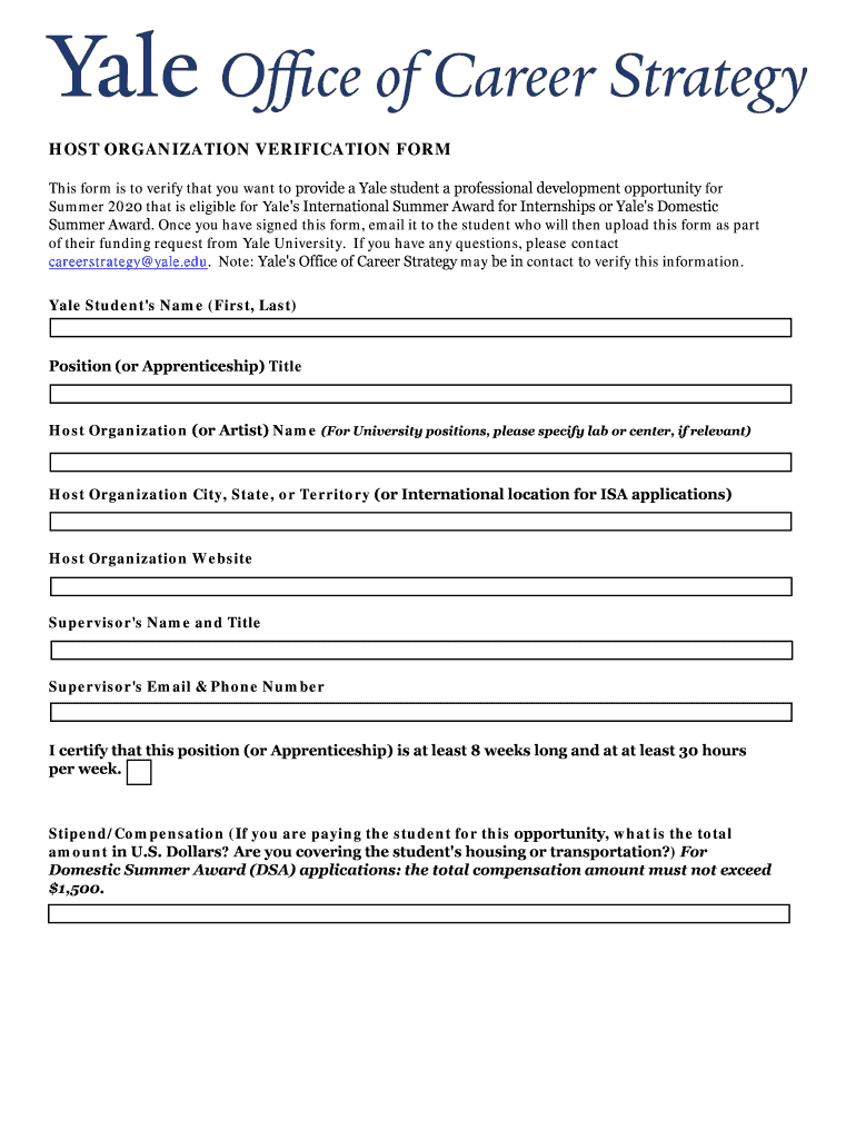 Fillable Online HOST ORGANIZATION VERIFICATION FORM - Yale University ...