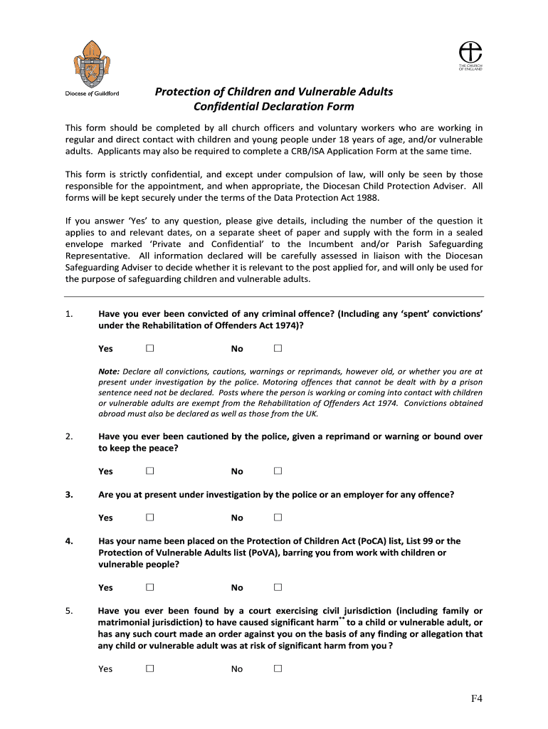 Fillable Online Confidential declaration form - Welcome - Diocese of ...