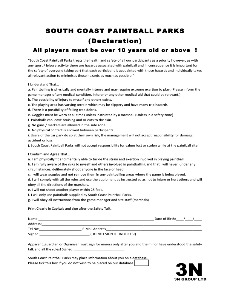 Fillable Online SOUTH COAST PAINTBALL PARKS (Declaration) Fax Email ...