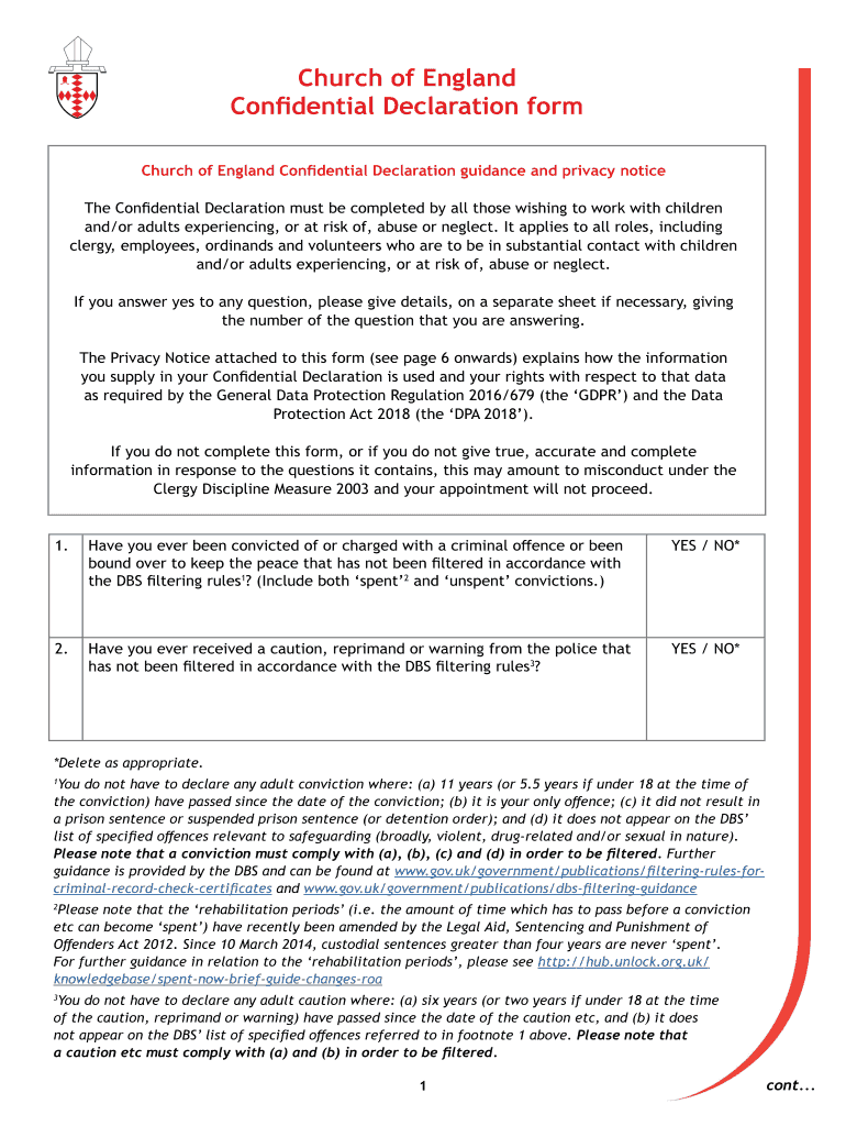 Fillable Online Church of England Confidential Declaration Form ...