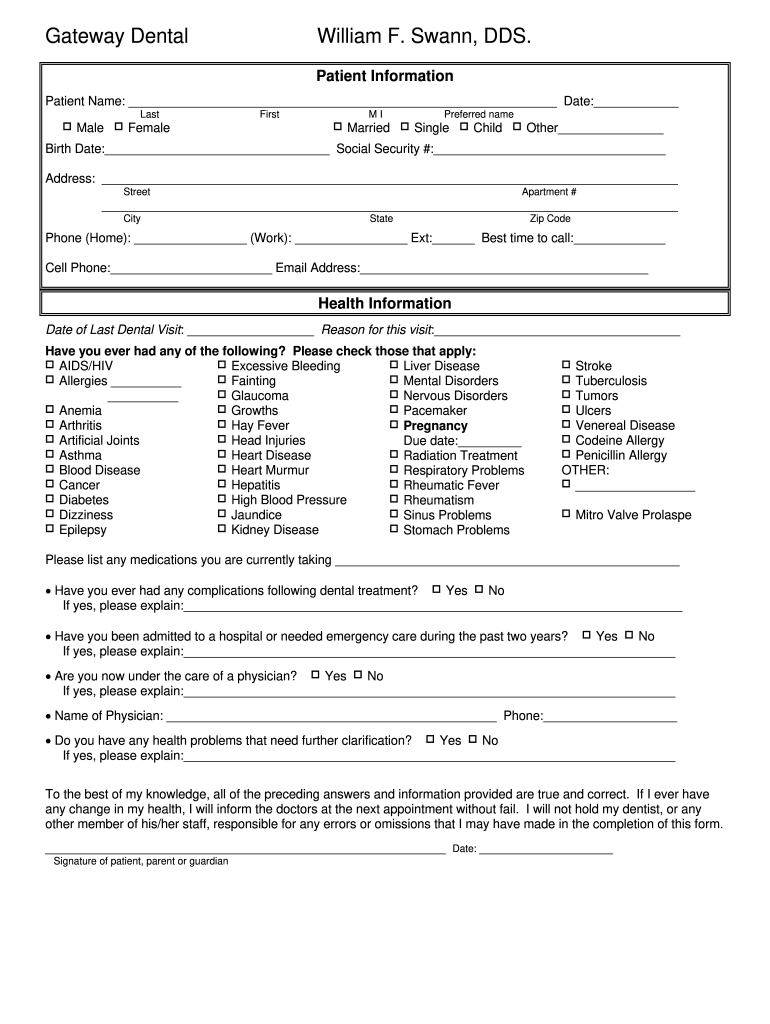 Fillable Online Sample New Patient Questionnaire - Gateway Dental Dr ...