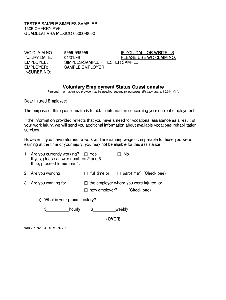 Fillable Online VR01, WKC-11832-E, Voluntary Employment Status ...