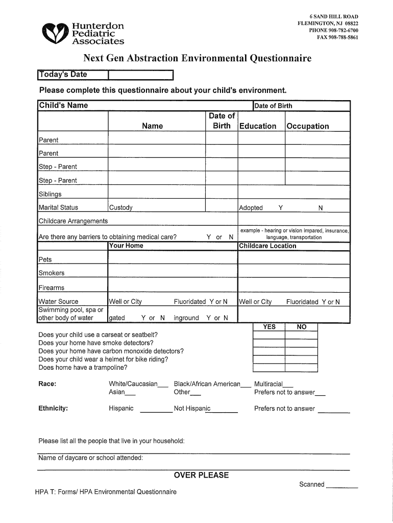 Fillable Online Environmental Questionnaire Form - Hunterdon Healthcare ...