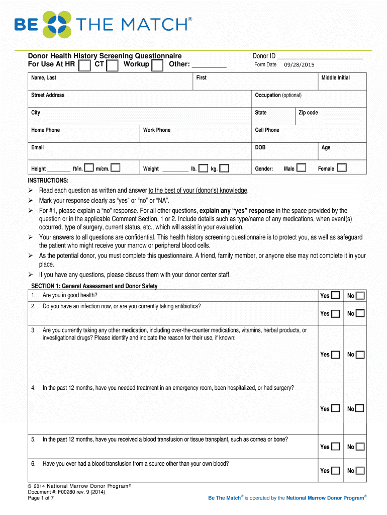 Fillable Online Donor Health History Screening Questionnaire ...
