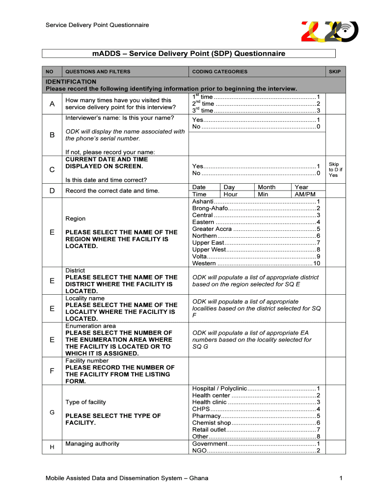 Fillable Online Service Delivery Point (SDP) Questionnaire A B C D1 D2 ...
