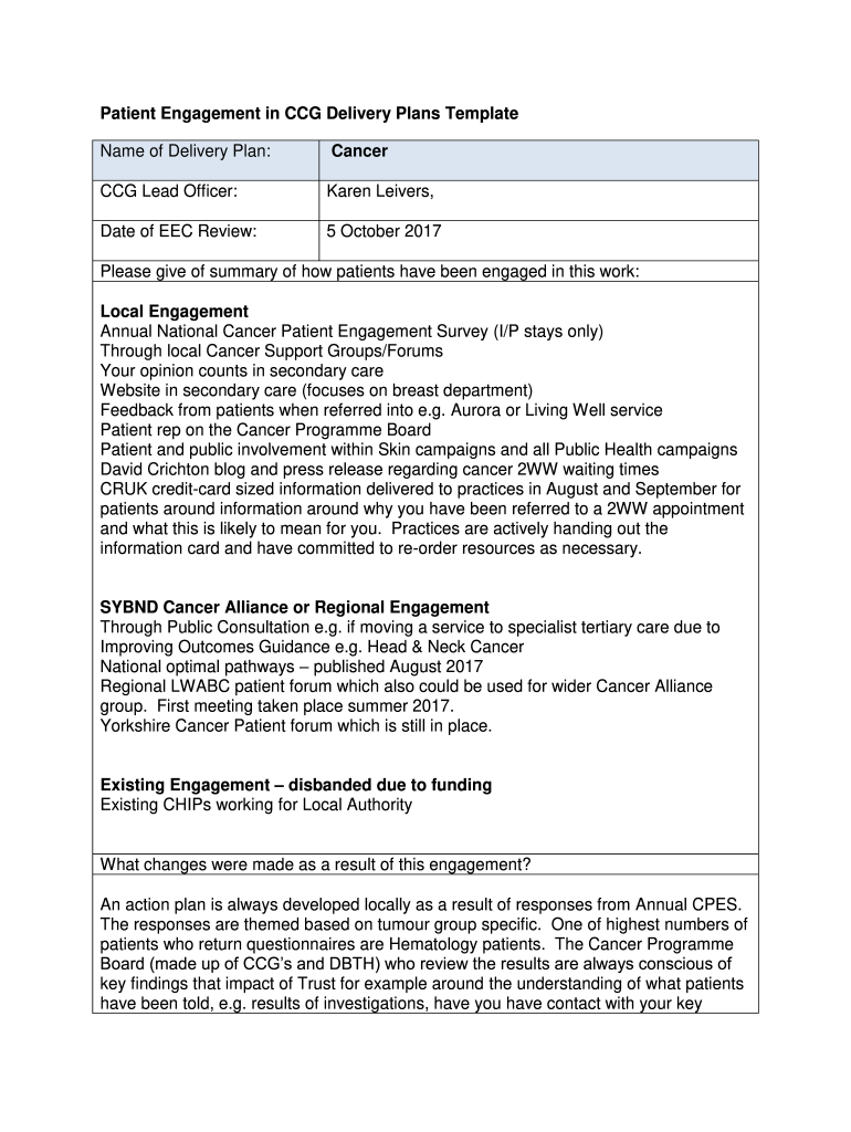 Fillable Online Patient Engagement in CCG Delivery Plans Template Fax ...