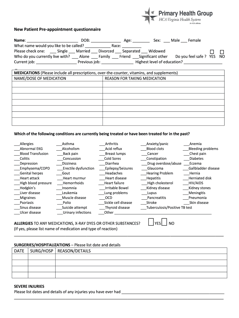 Fillable Online Primary Health Group - Pre-appointment Questionnaire ...