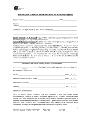 Fillable Online Authorization to Release Information Form For Insurance ...