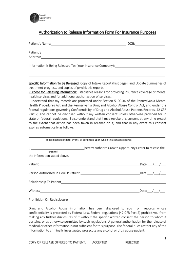 Fillable Online Authorization to Release Information Form For Insurance ...