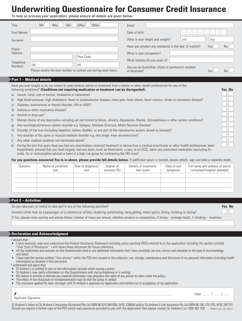 Fillable Online Underwriting Questionnaire for Consumer Credit ...