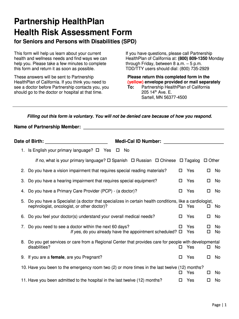Fillable Online Partnership HealthPlan Health Risk Assessment Form Fax ...