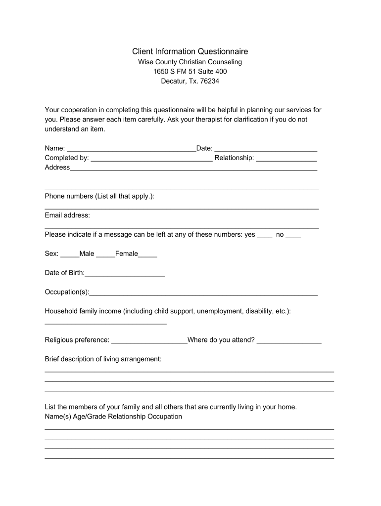 Fillable Online PRE-COUNSELING COUPLES / MARRIAGE QUESTIONNAIRE Name ...