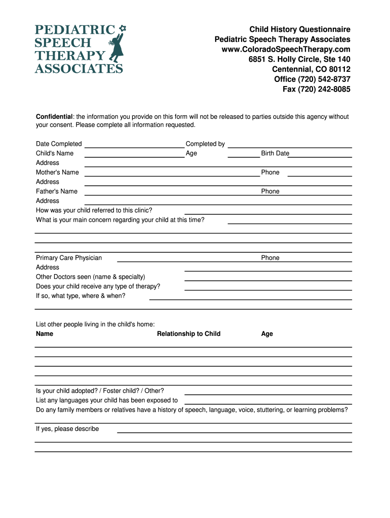 Child History Questionnaire Pediatric Speech Therapy: Fill out & sign ...