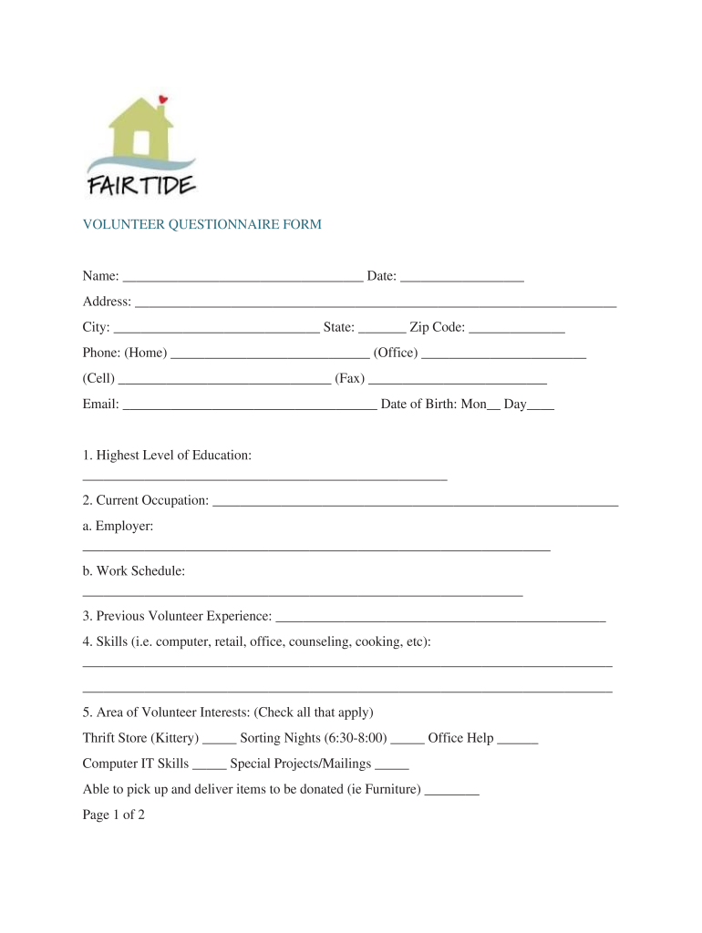 VOLUNTEER QUESTIONNAIRE FORM Personal Information: Fill out & sign online | DocHub