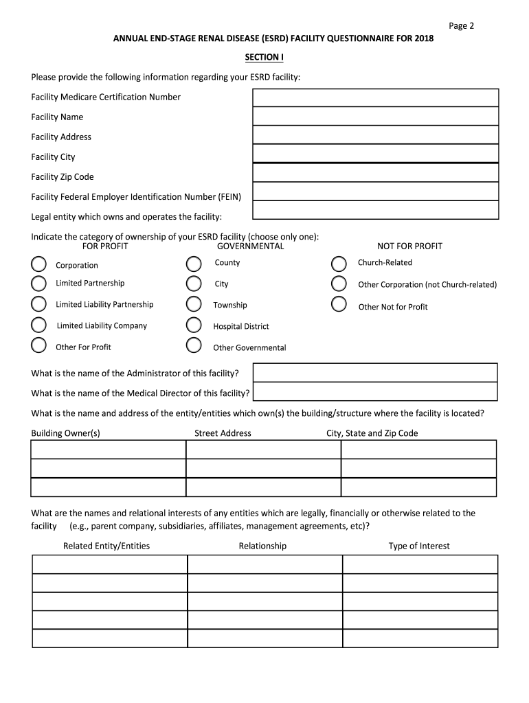 Fillable Online ANNUAL END-STAGE RENAL DISEASE (ESRD) FACILITY QUESTIONNAIRE ... Fax Email Print ...