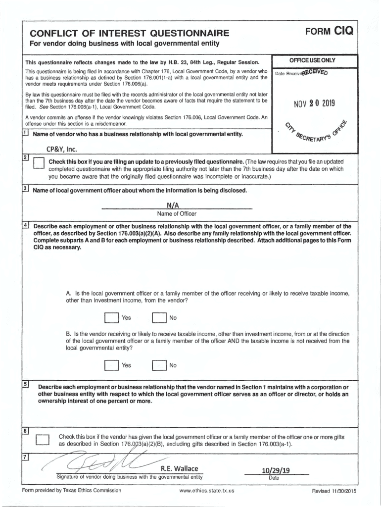 Fillable Online Fillable Online form ciq conflict of interest ...