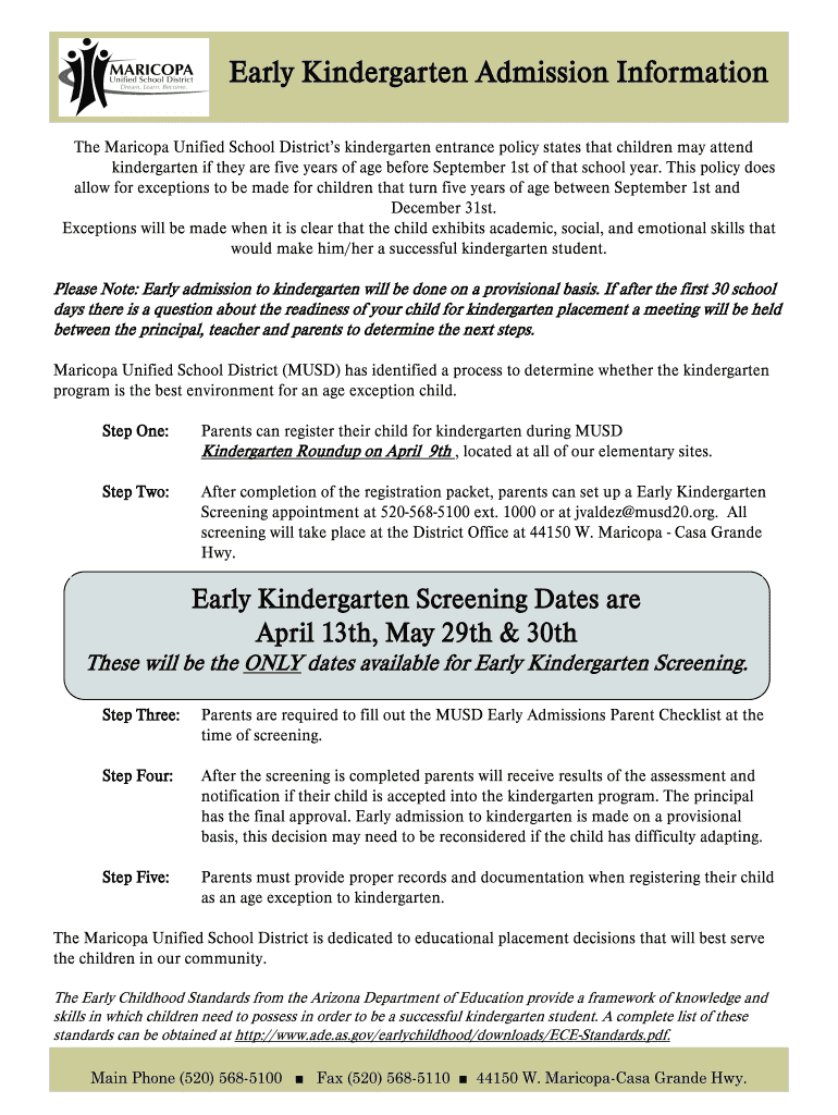 Fillable Online Early Kindergarten Admission Information Fax Email ...