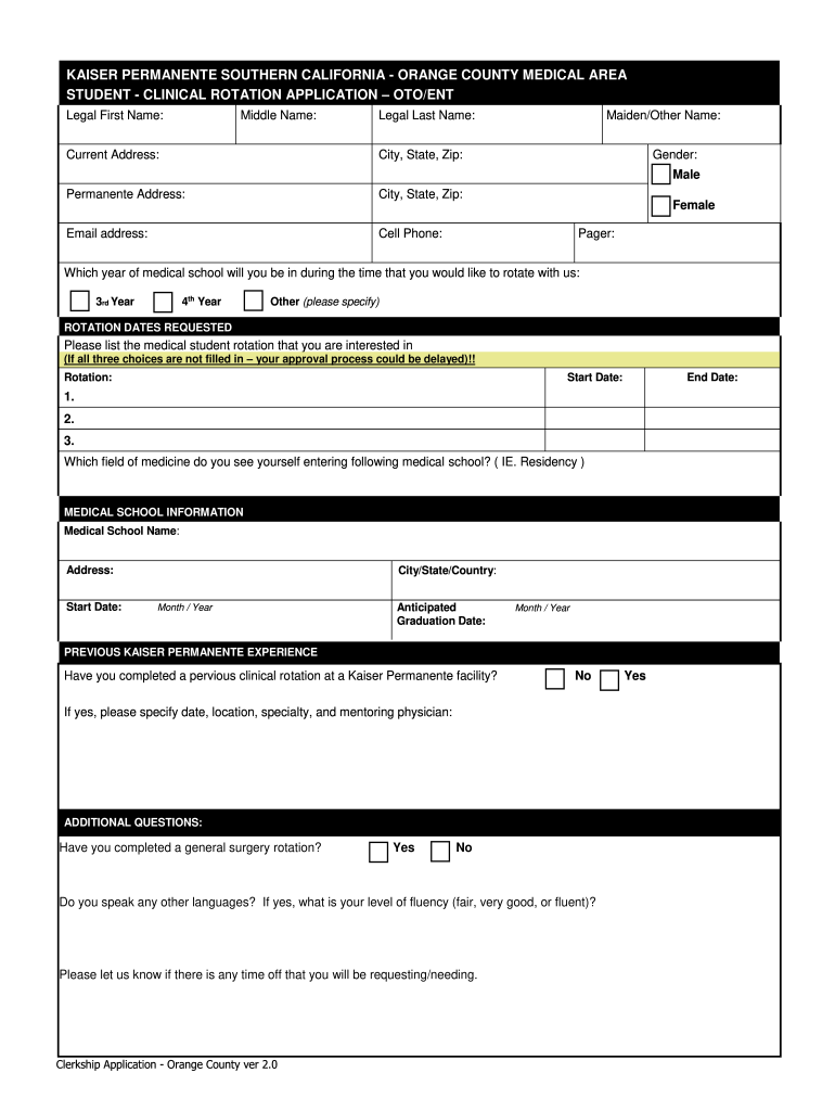 CA Kaiser Permanente Student Clinical Rotation Form - Fill Online ...