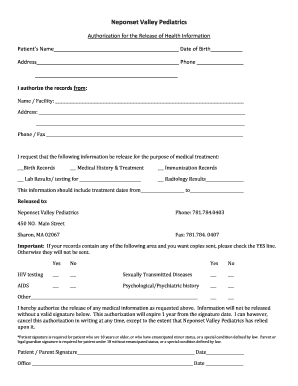 Fillable Online Medical Release Form - Neponset Valley Pediatrics Fax ...