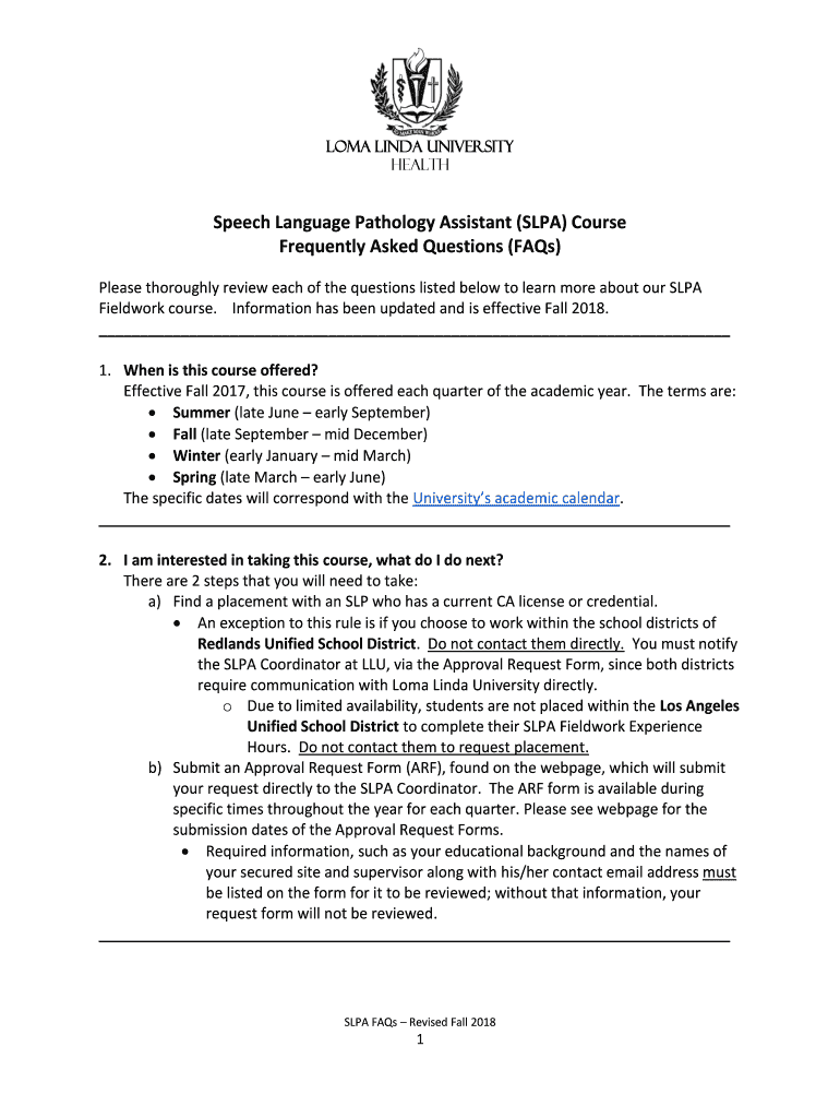Fillable Online Speech Language Pathology Assistant Program Frequently ...