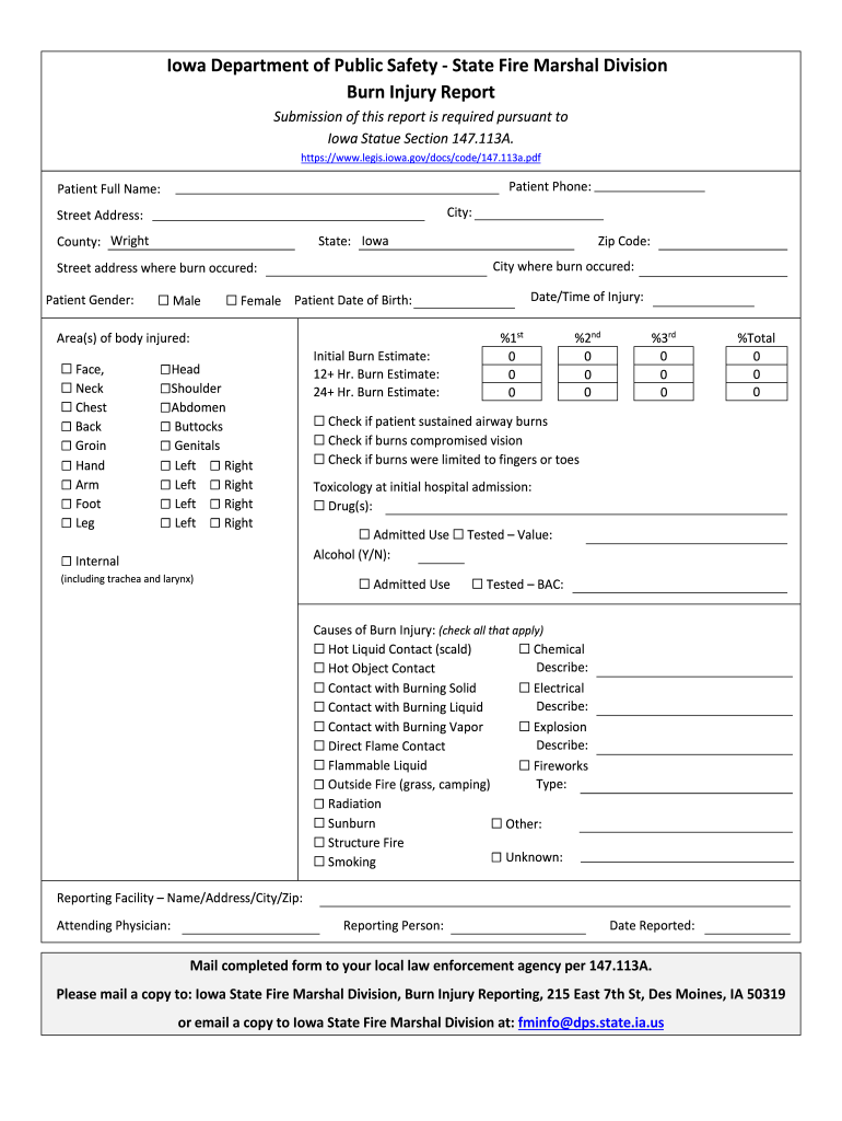 State Fire Marshal Division Burn Injury Report - Iowa: Fill out & sign ...