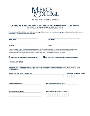 Fillable Online clinical laboratory science recommendation form - Mercy ...