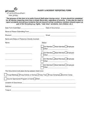 Fillable Online Injury and Incident Report Form. Form to submit for all ...