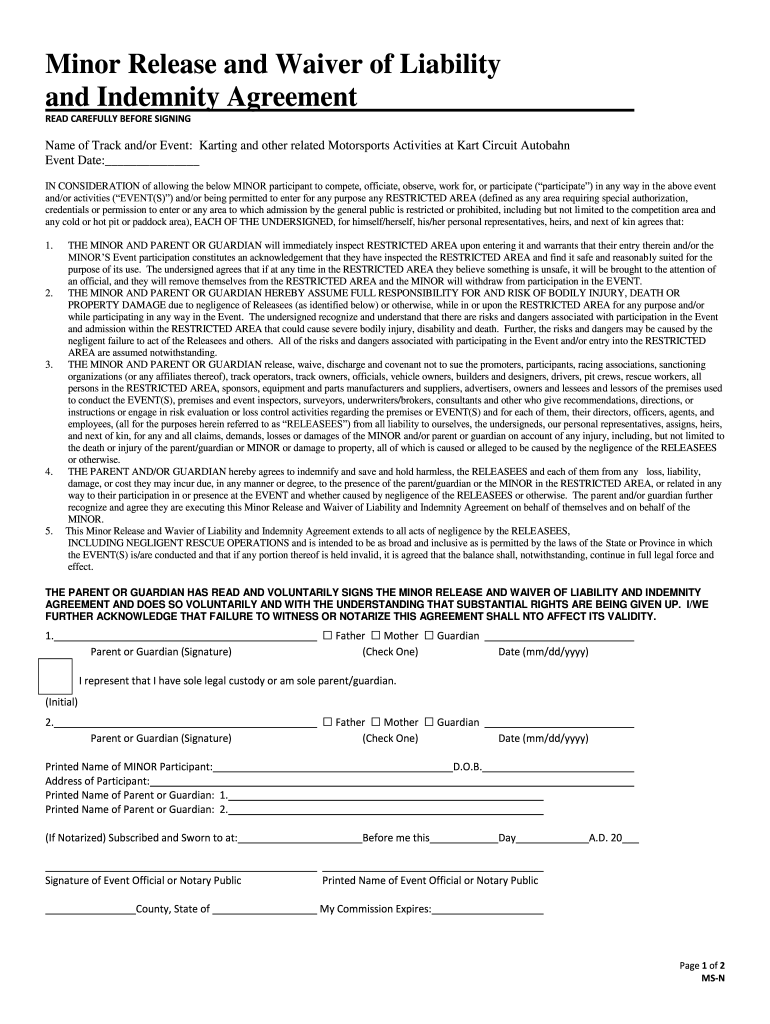 Fillable Online MINOR RELEASE AND WAIVER OF LIABILITY AND INDEMNITY ...