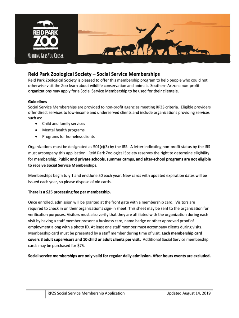 Fillable Online Reid Park Zoological SocietySocial Service Memberships ...