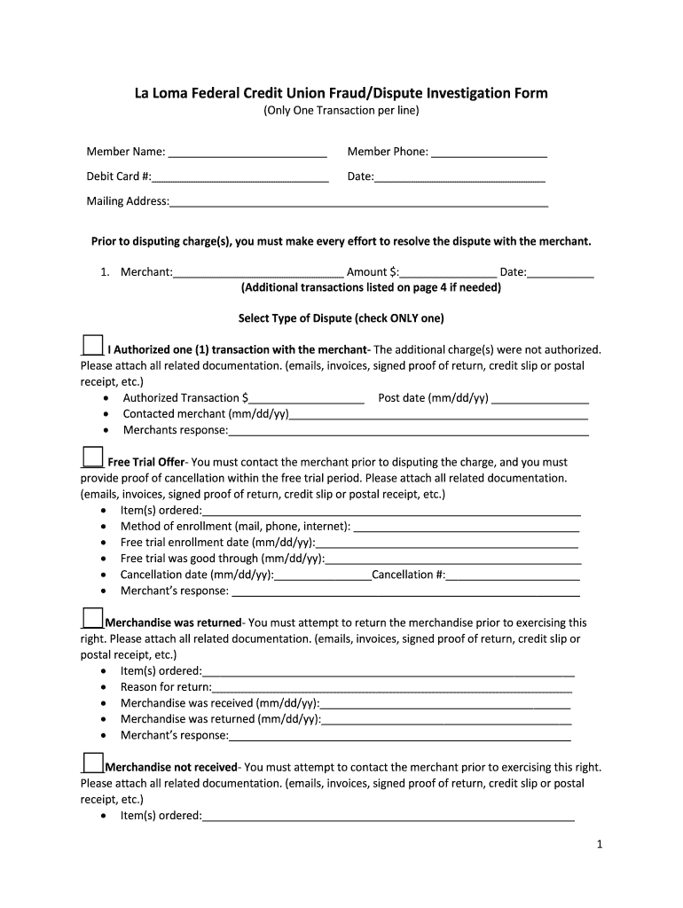 Fillable Online La Loma Federal Credit Union Fraud/Dispute ...