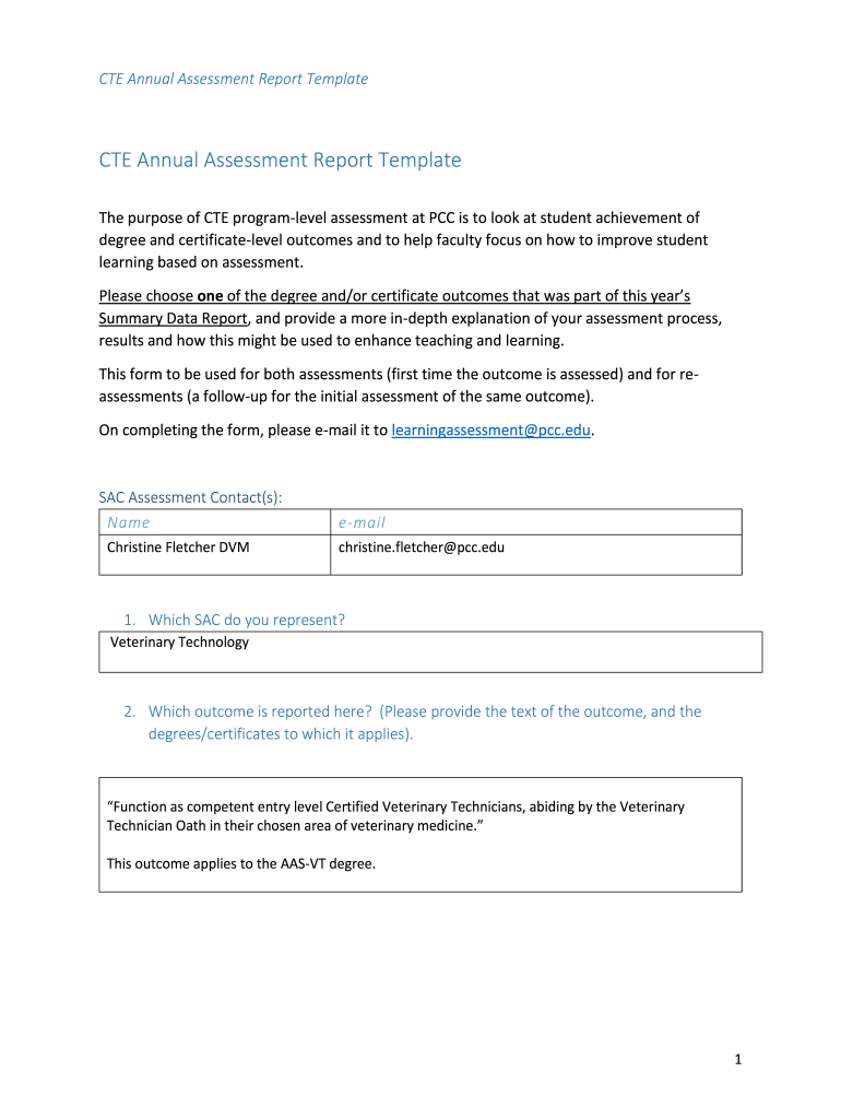 Fillable Online CTE Annual Assessment Report Template - PCC Spaces Fax ...