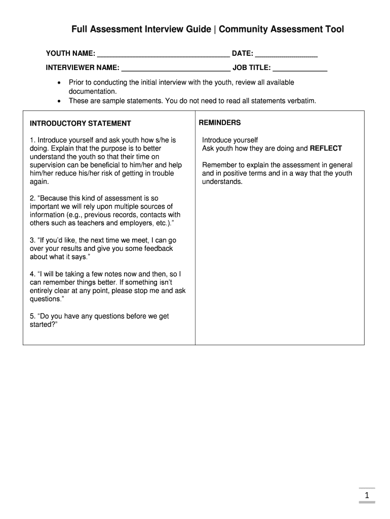 Fillable Online Full Assessment Interview GuideCommunity Assessment ...