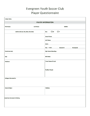 Fillable Online Evergreen Youth Soccer Club Player Questionnaire Fax ...